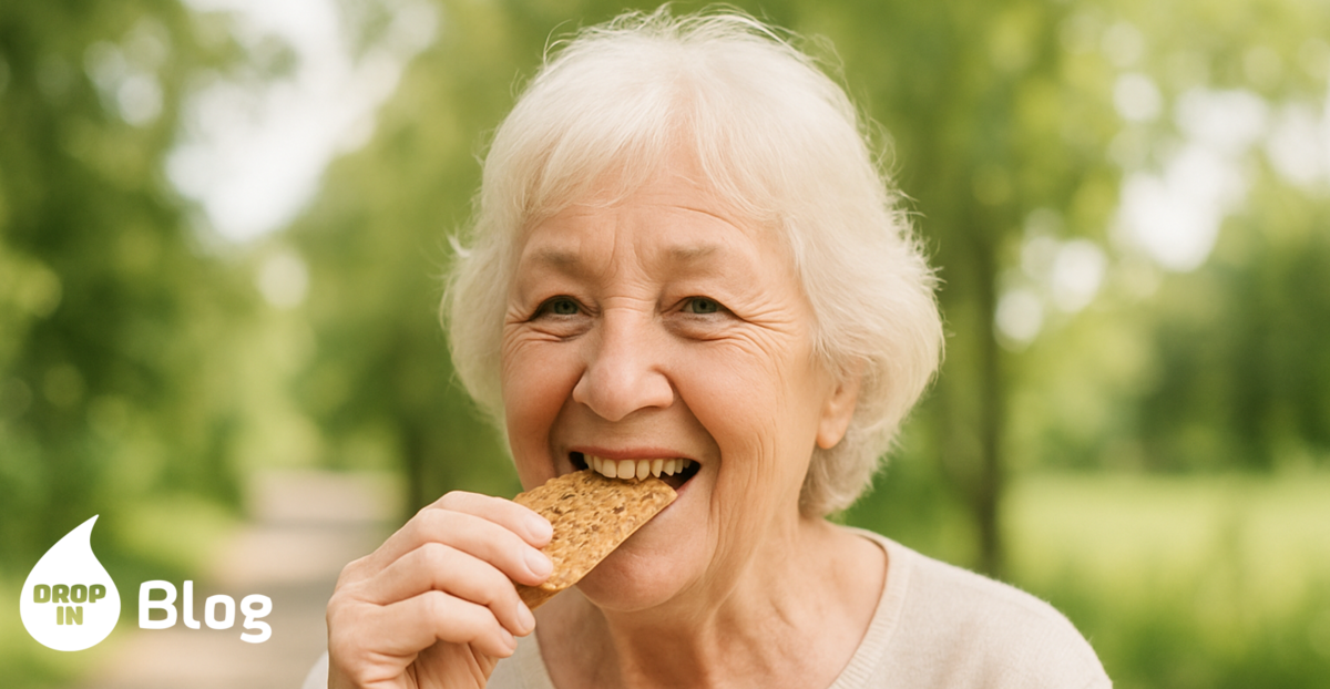 Une femme âgée souriante mange une collation saine en plein air.